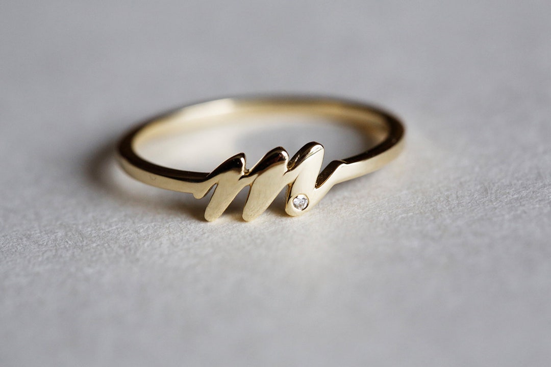 Buy Simple Initial Ring With a 1.1mm Diamond in 14k or 18k Solid Gold ...