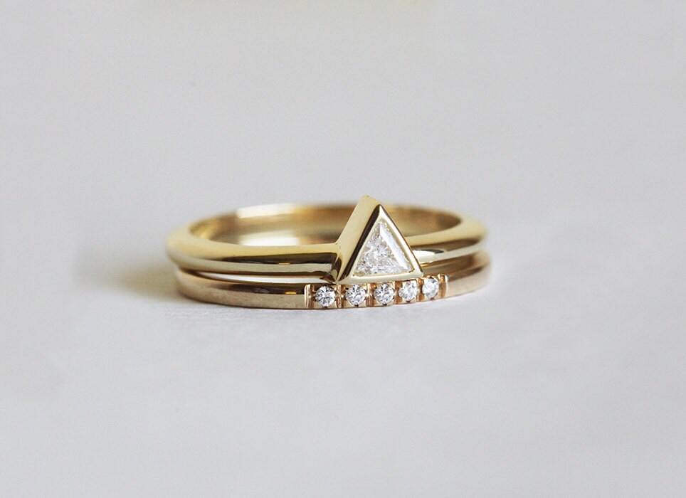 Triangle Diamond Engagement Ring Set 14k or 18k Solid Gold | Etsy