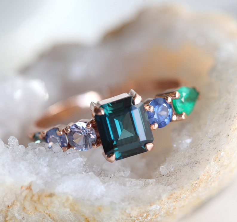 Statement Engagement Ring With Teal Emerald Cut Sapphire - Etsy