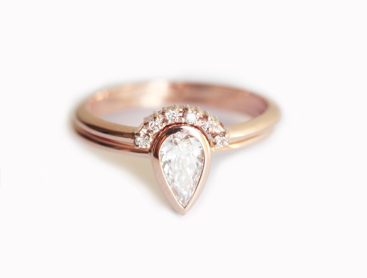 Pear Diamond Ring Set Engagement Ring Wedding Ring 14k Rose | Etsy