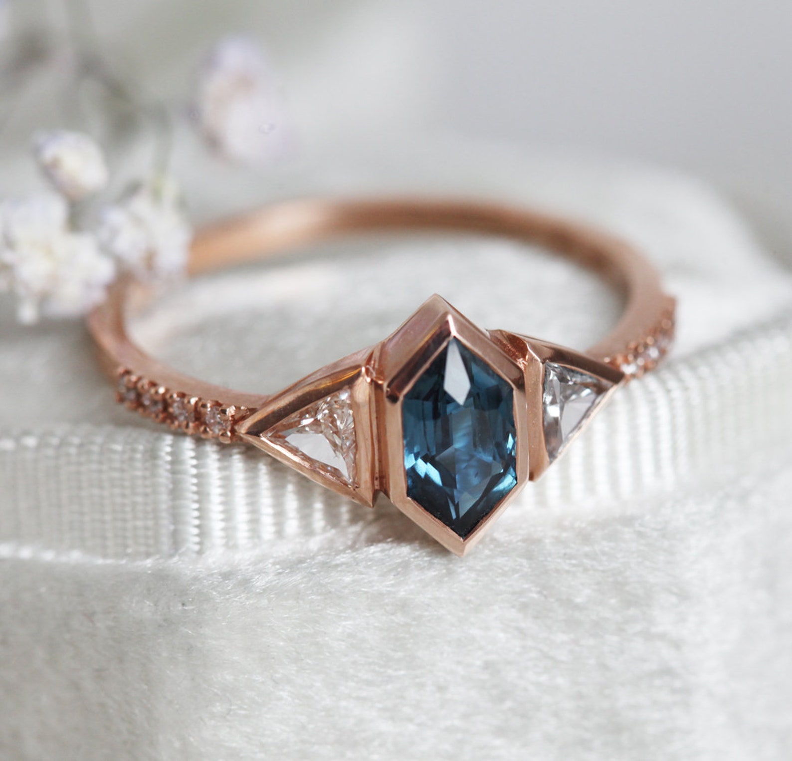 Blue Sapphire & Diamond Ring Unique Engagement Ring Rose | Etsy