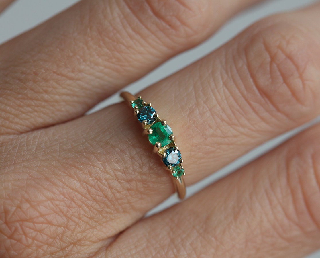 Emerald and Blue Diamond Cluster Ring in 18k Solid Gold - Etsy UK