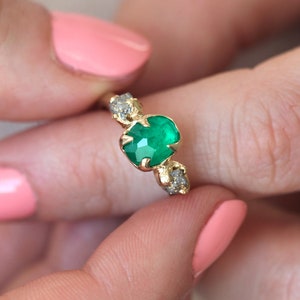 Fancy Cut Emerald Diamond Gold Engagement Ring, Partial Faceted Emerald ...