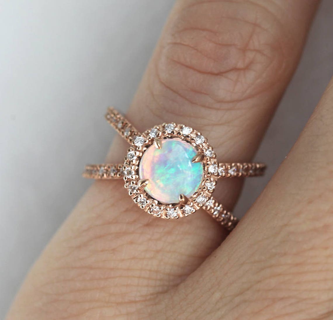Round Opal Ring Australian Opal Diamond Ring Double Diamond | Etsy