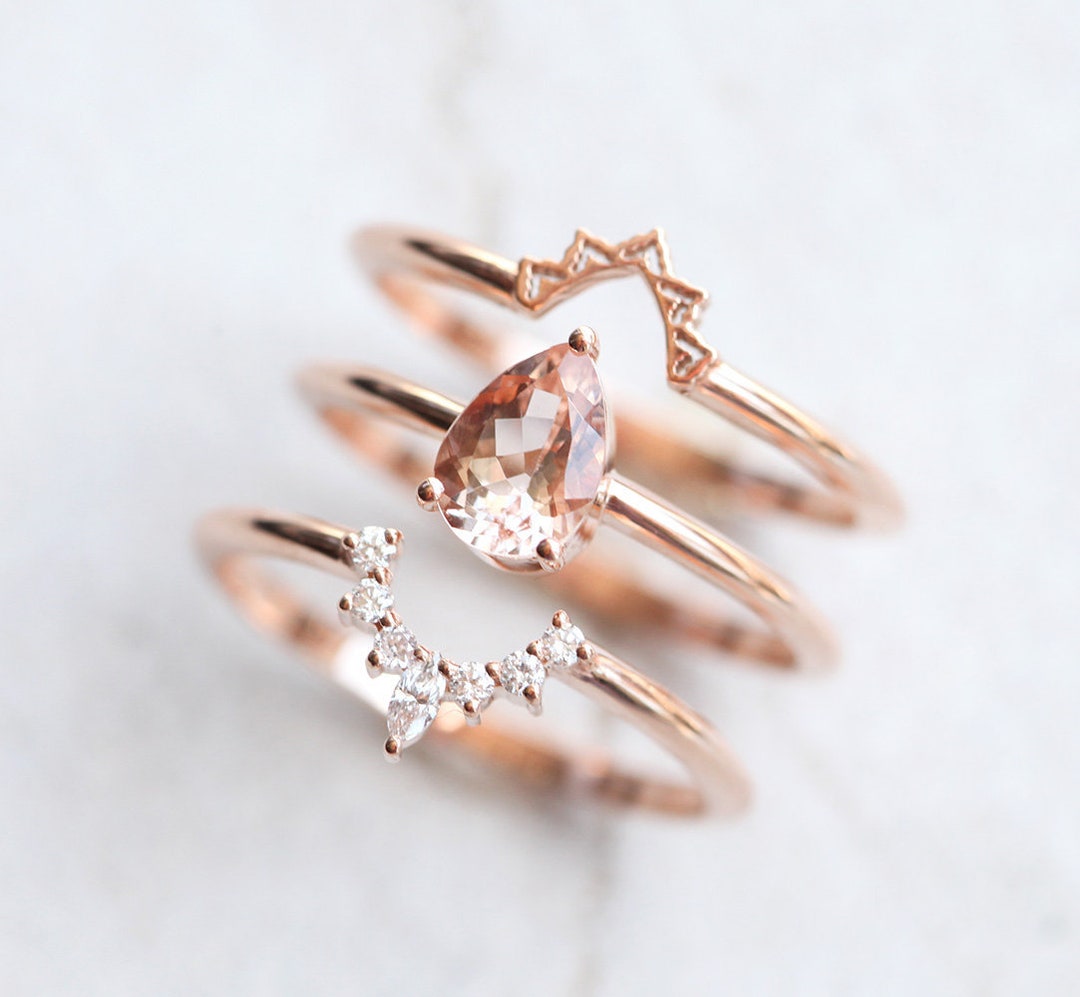Pear Morganite Engagement Ring Set, Peach Morganite Ring With Lace Band ...