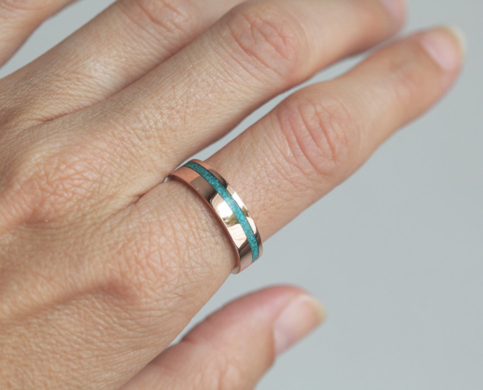 Turquoise Mens Wedding Band Rose Gold Inlay Ring Unique Wide - Etsy