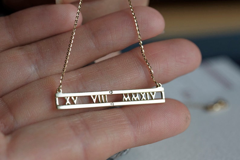 Diamond Roman Numerals Bar Necklace 14k or 18k Solid Gold | Etsy