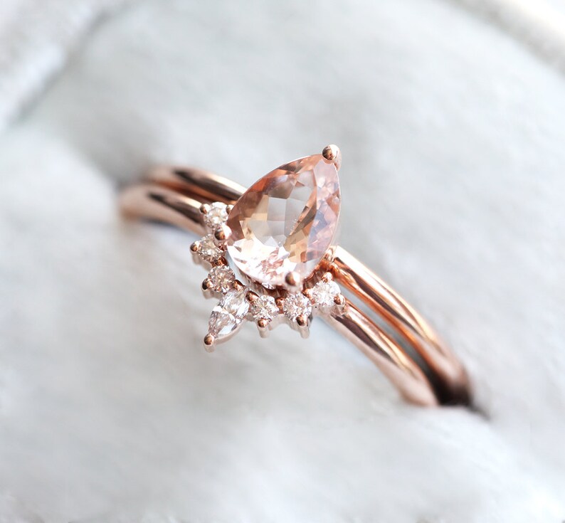 Pear Morganite Engagement Ring Set Peach Morganite Ring With | Etsy