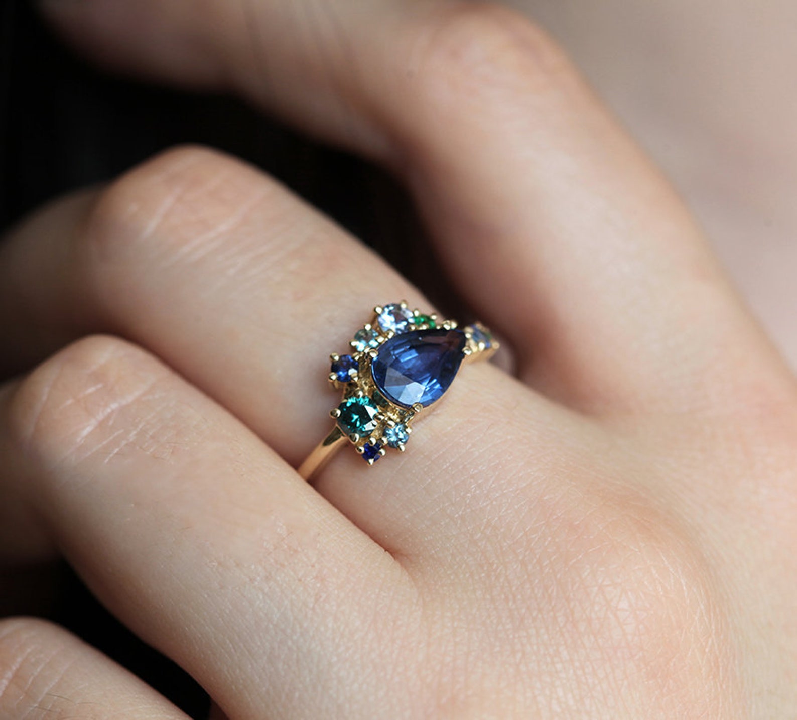 Pear Blue Sapphire Engagement Ring Pear Sapphire Cluster - Etsy