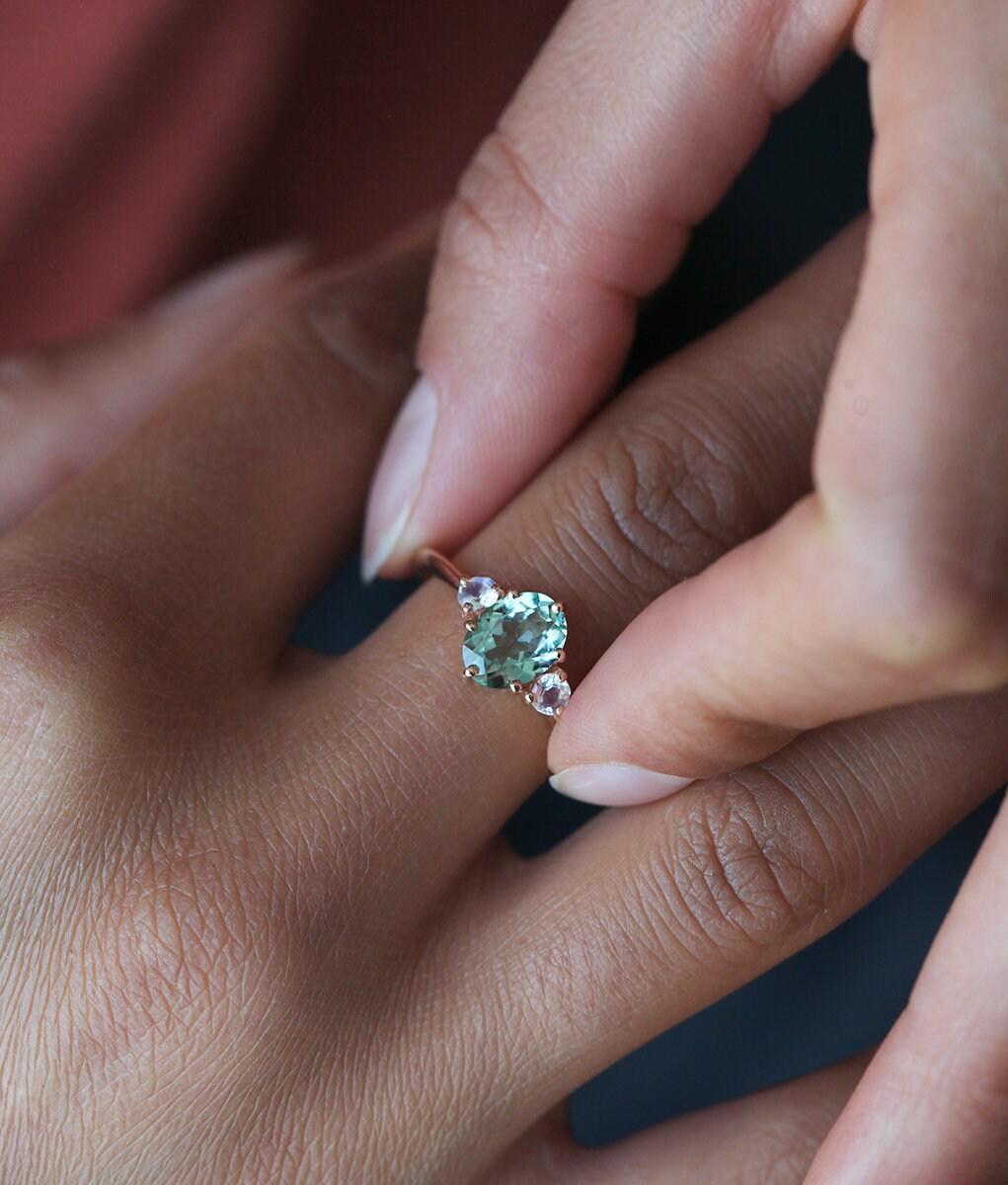 Mint Tourmaline Ring Moonstone Engagement Ring Mint Green Three Gemstone Ring Etsy