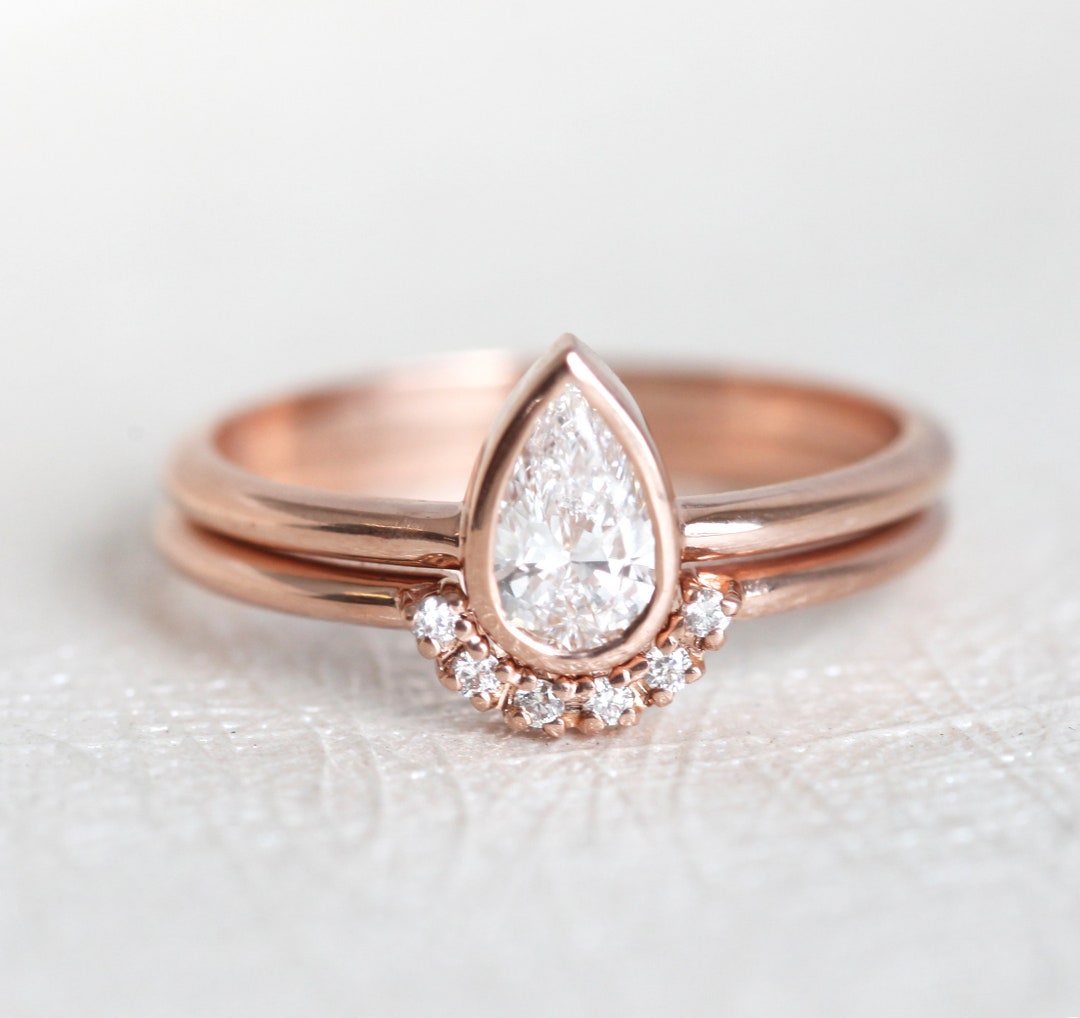 Pear Diamond Ring Set Engagement Ring Wedding Ring 14k Rose - Etsy