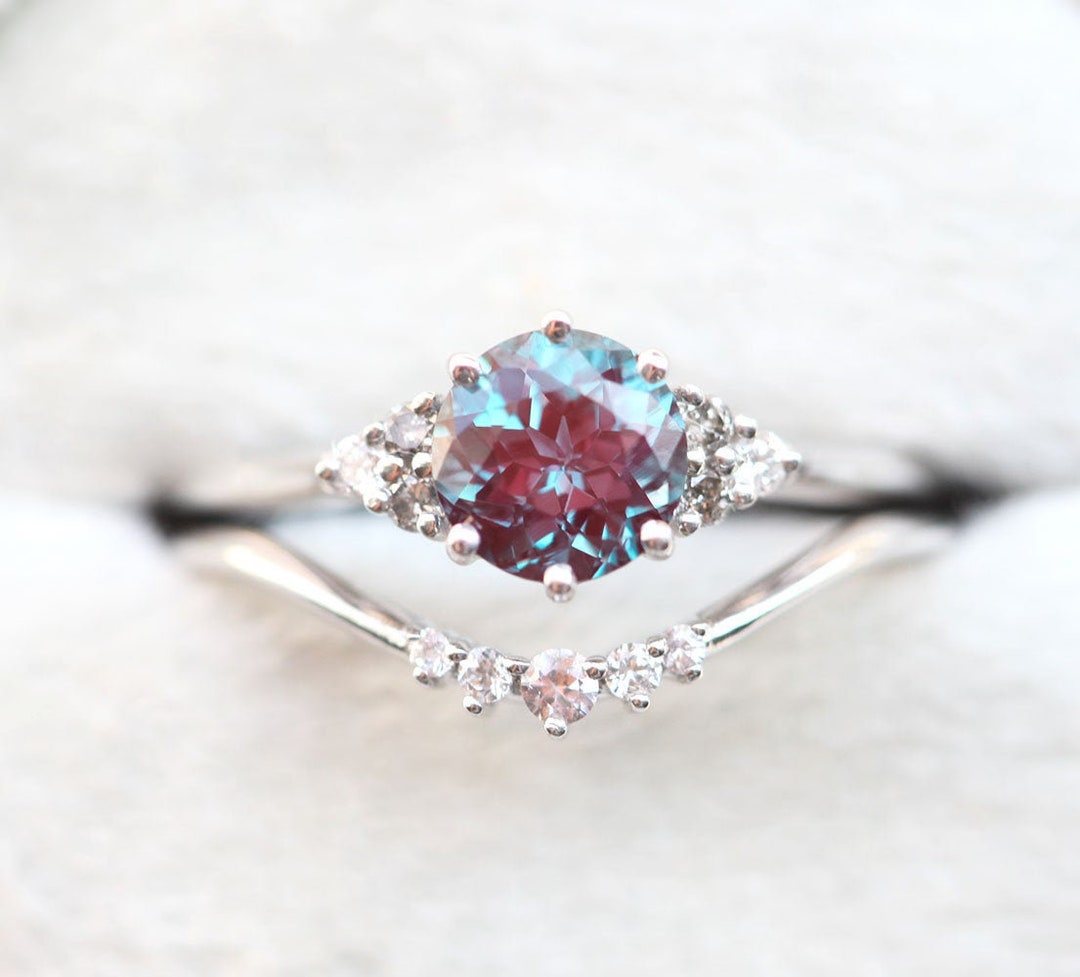 Alexandrite Ring Set, Round Alexandrite Cluster Ring With Curved ...