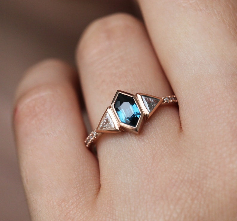 Blue Sapphire & Diamond Ring Unique Engagement Ring Rose | Etsy