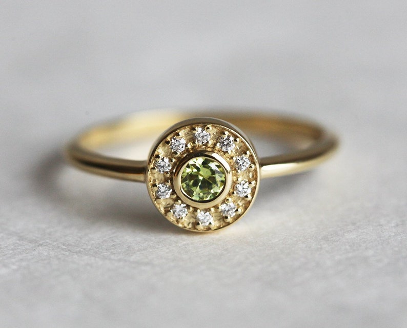 Round Peridot and Diamond Halo Ring in 14k or 18k Solid Gold - Etsy