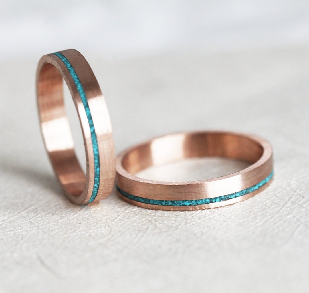 Turquoise Wedding Band Set, Matching Rose Gold Inlay Ring Set, Mens ...