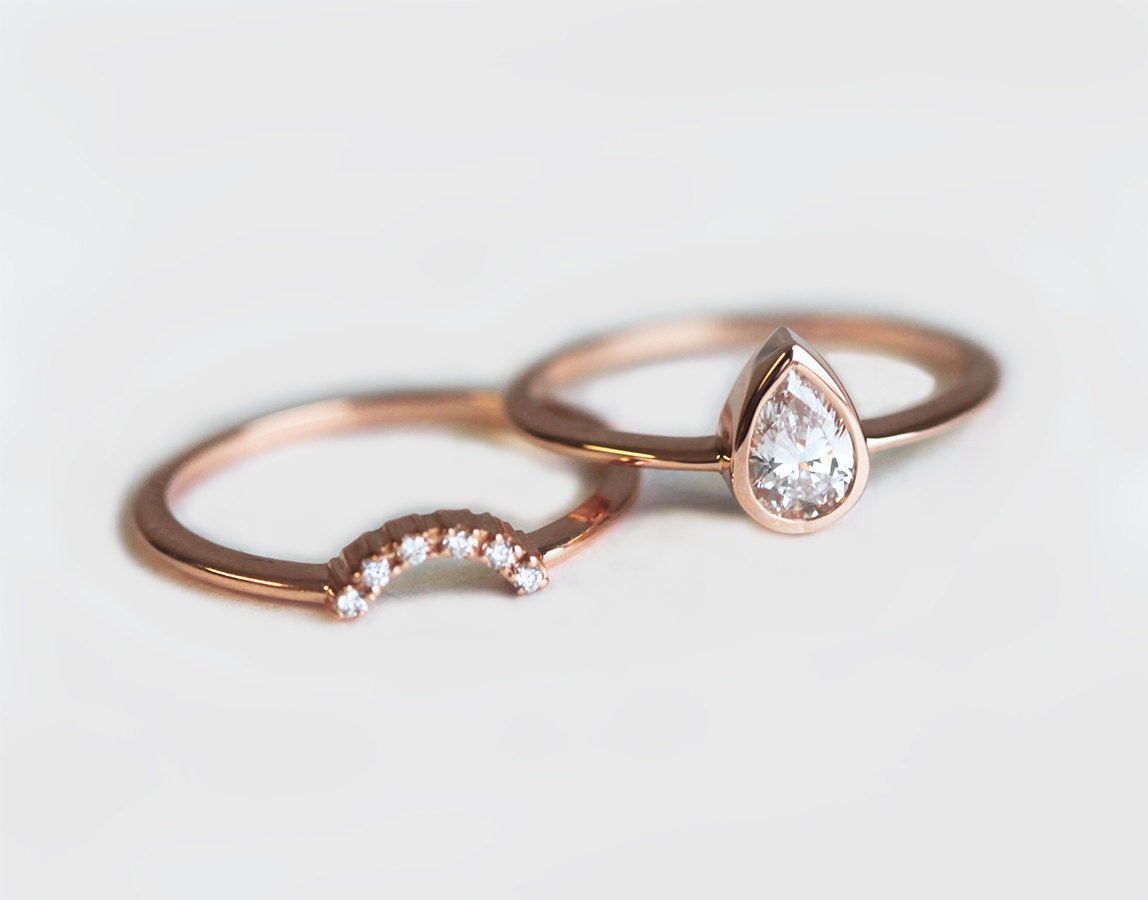 Pear Diamond Ring Set Engagement Ring Wedding Ring 14k Rose | Etsy