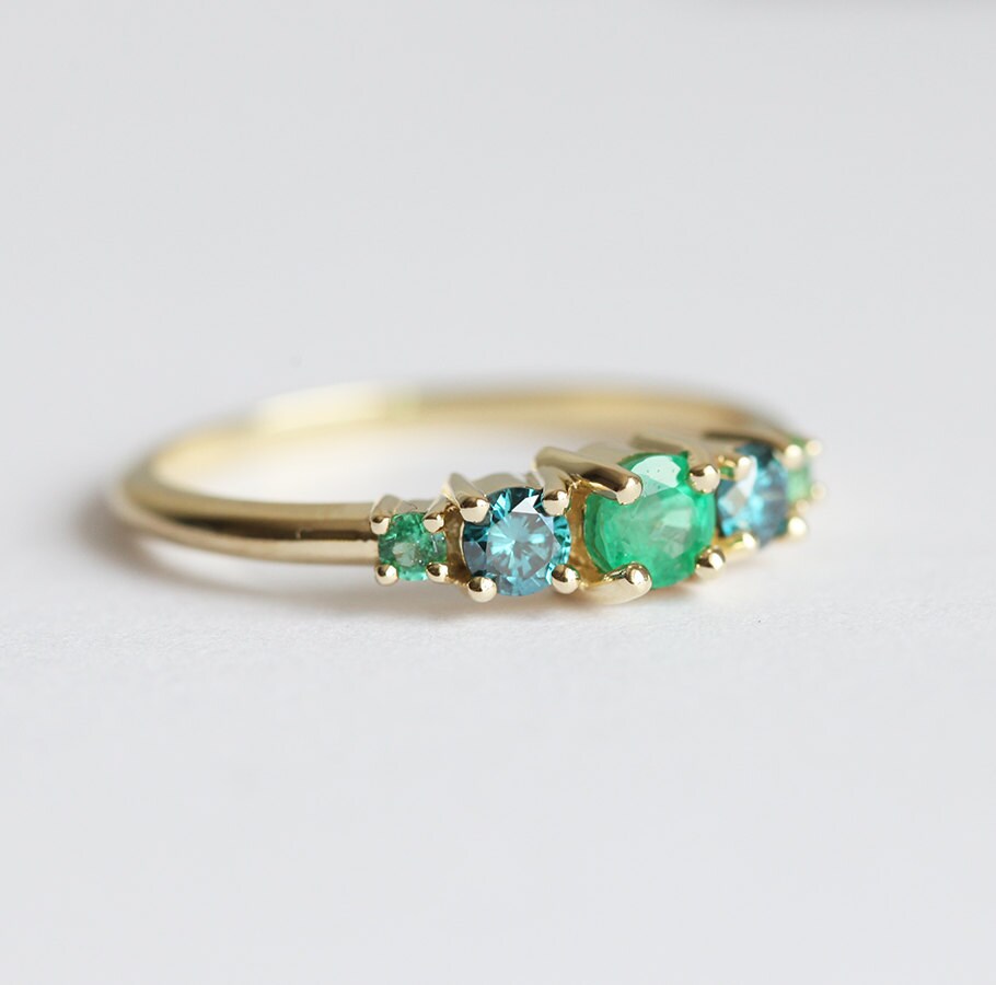 Emerald and Blue Diamond Cluster Ring in 18k Solid Gold - Etsy UK