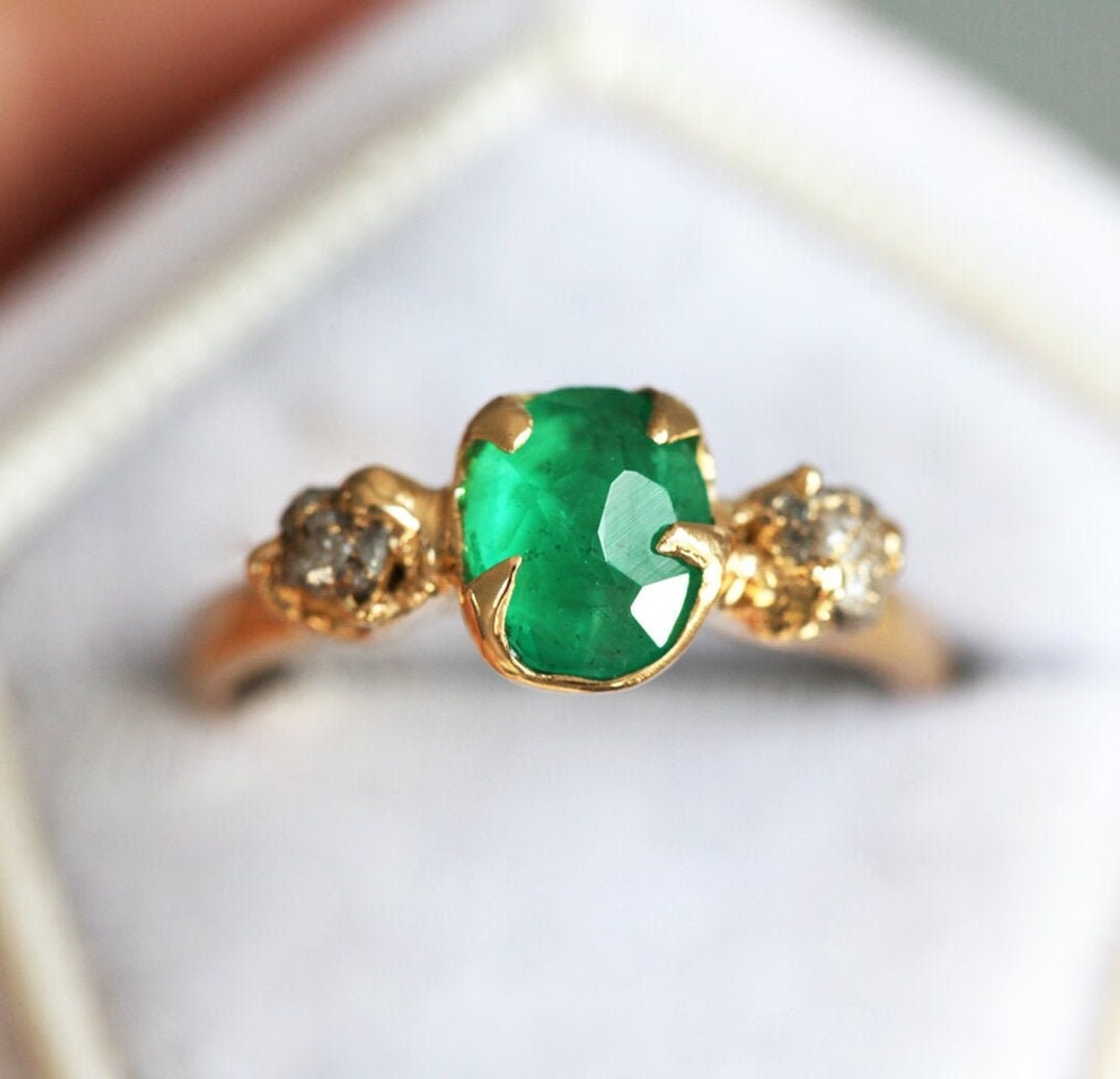 Fancy Cut Emerald Diamond Gold Engagement Ring, Partial Faceted Emerald ...