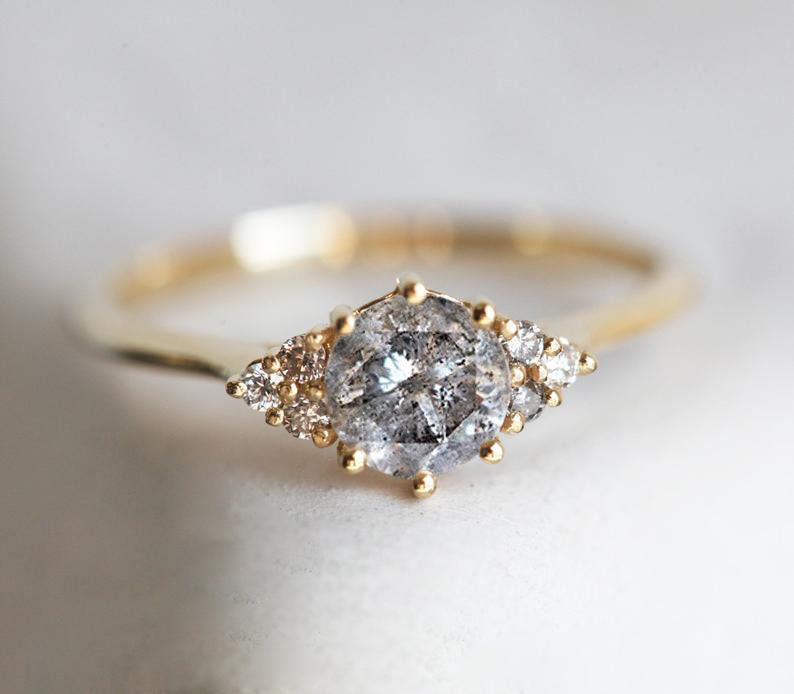 Round Salt and Pepper Diamond Ring Diamond Cluster Engagement - Etsy