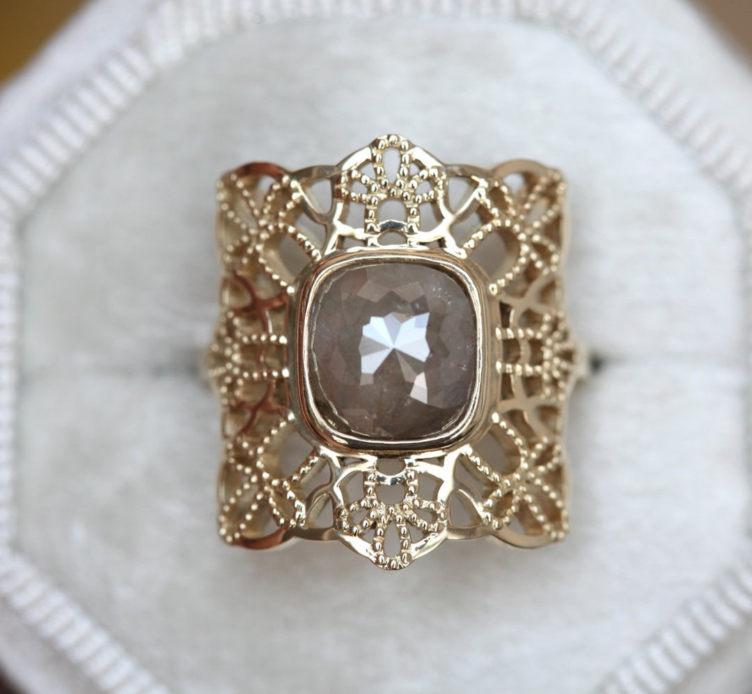 Rose Cut Diamond Ring, Rose Cut Engagement Ring, Gold Lace Ring, Rose ...