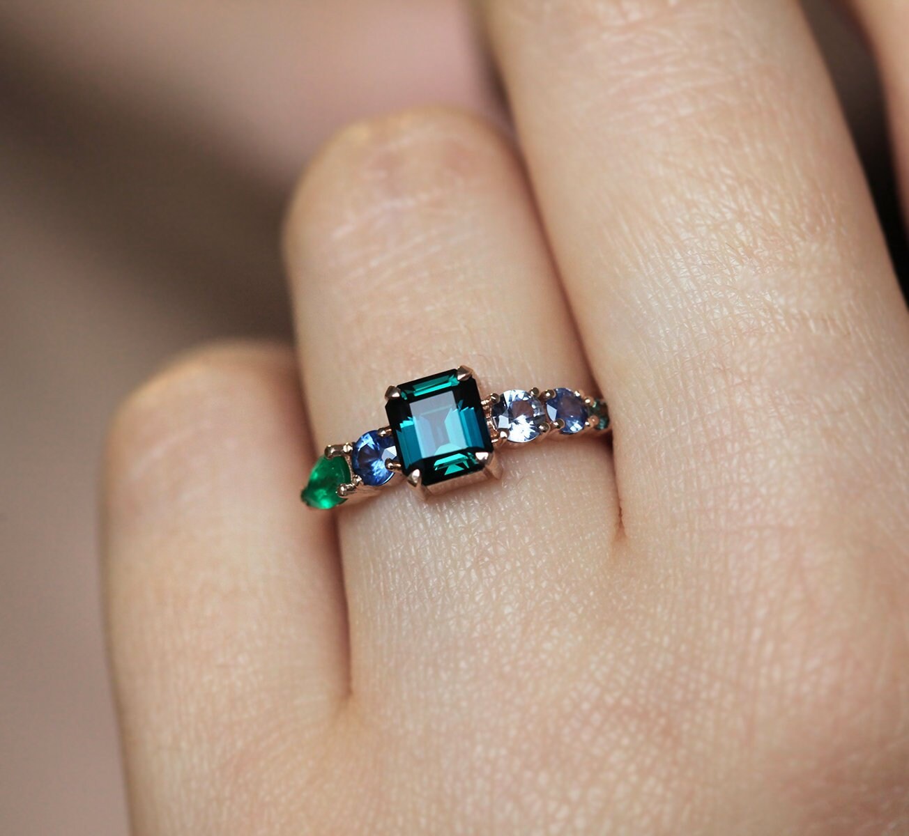 Statement Engagement Ring With Teal Emerald Cut Sapphire | Etsy