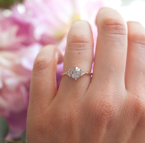 Hexagon Diamond Ring Salt Pepper Diamond Engagement Ring Geometric Diamond Ring by Capucinne