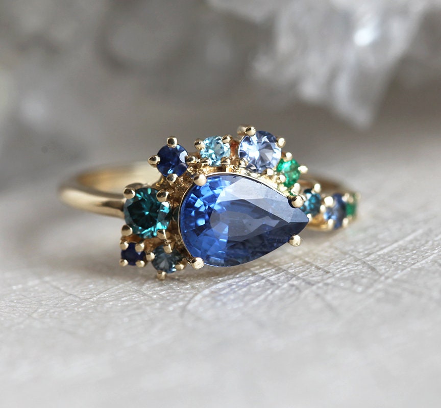 Pear Blue Sapphire Engagement Ring Pear Sapphire Cluster - Etsy Australia