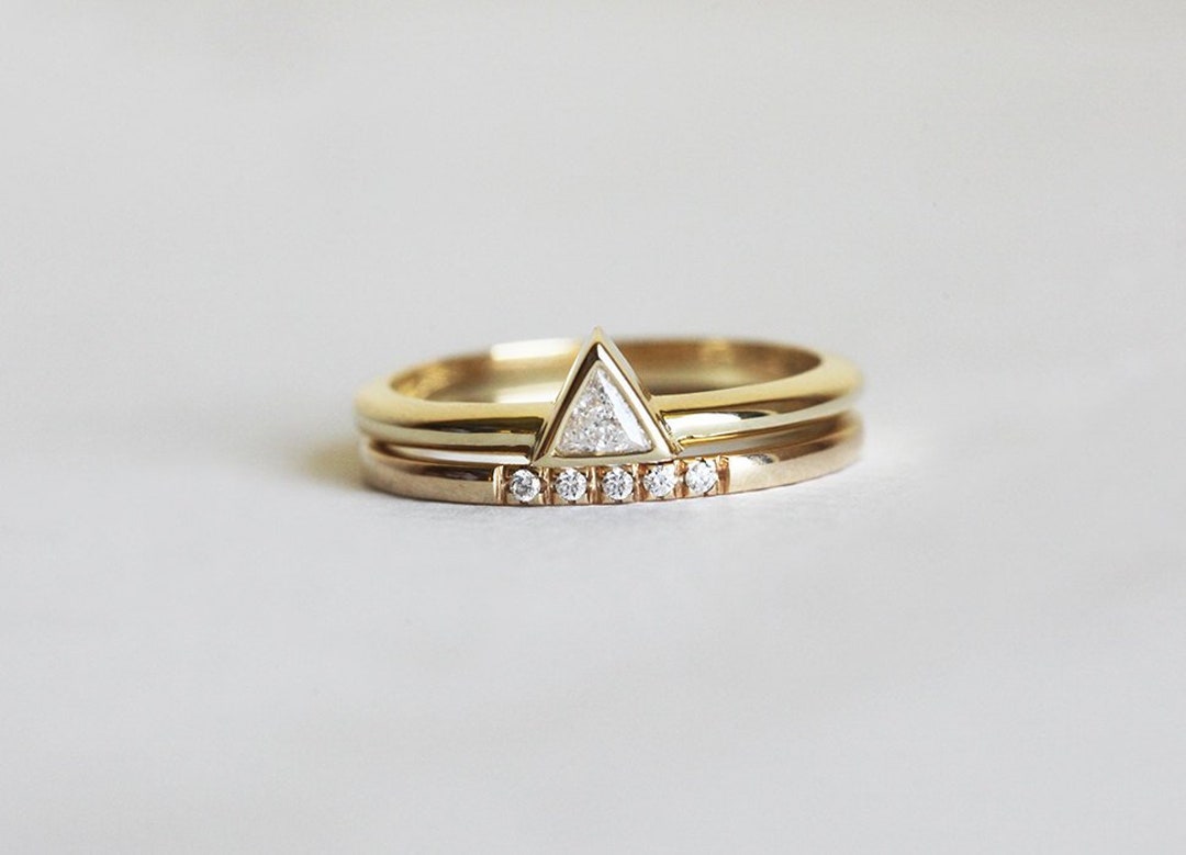 Triangle Diamond Engagement Ring Set, 14k or 18k Solid Gold - Etsy