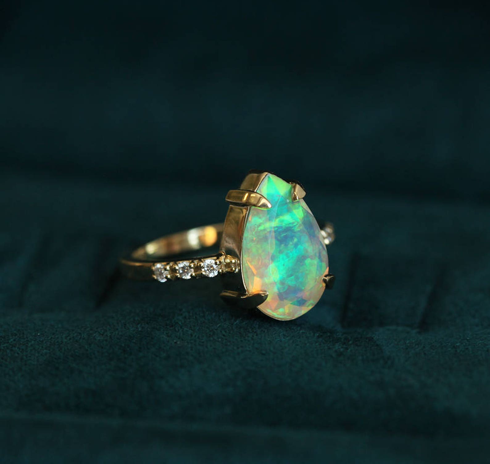 Pear Australian Opal and Diamond Ring in 14k or 18k Solid | Etsy