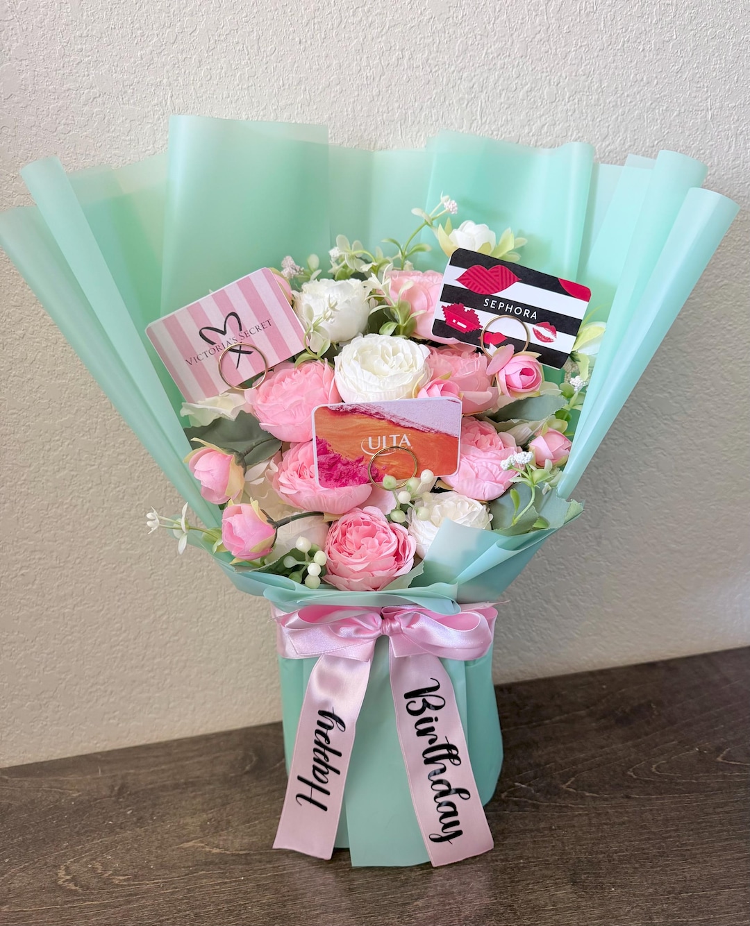 Faux Flower Bouquet Gift Card Holder – 3 Gift Card Sticks, Custom Color ...