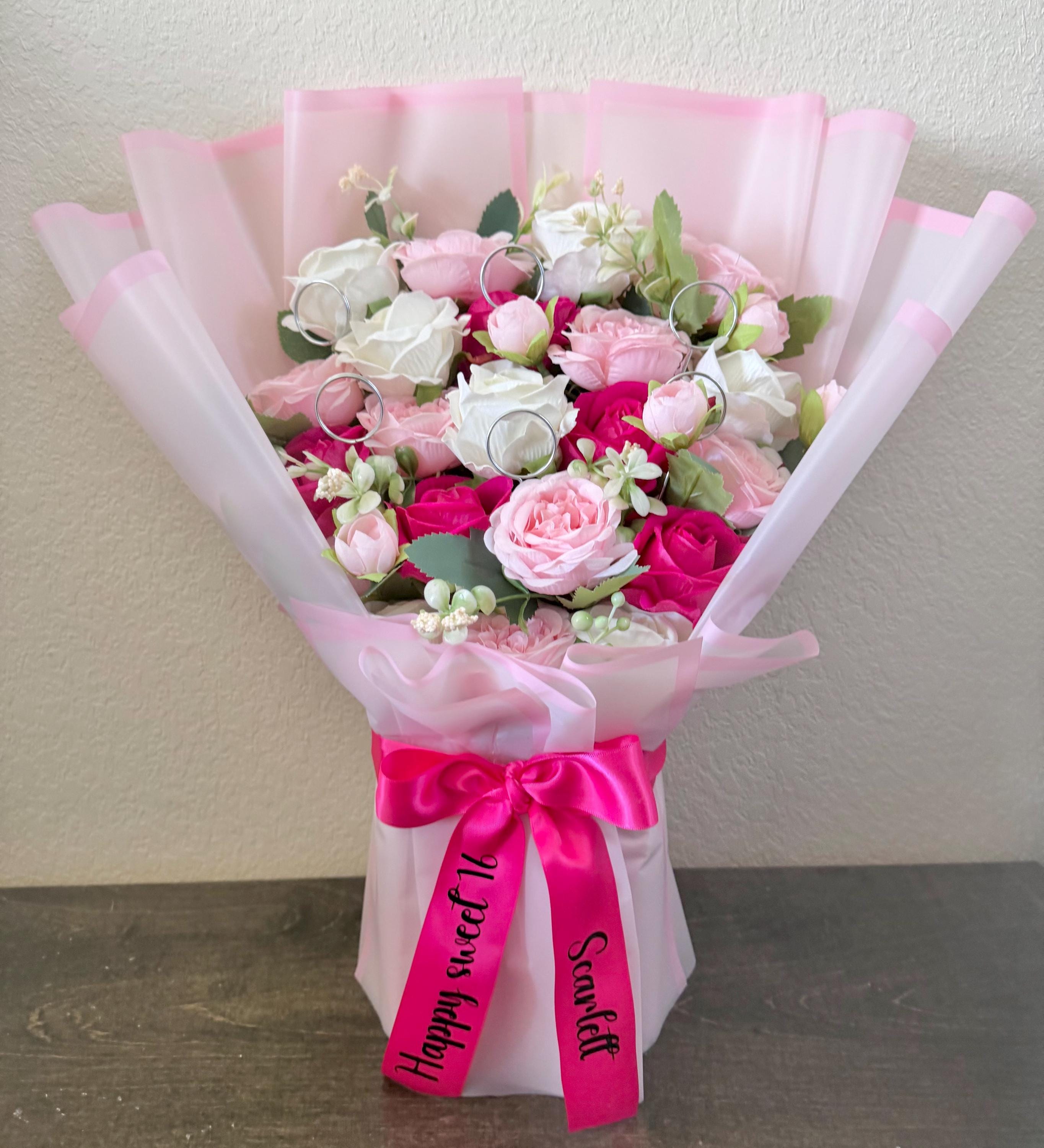 Faux Flower Bouquet Gift Card Holder – 6 Gift Card Sticks, Custom Color ...