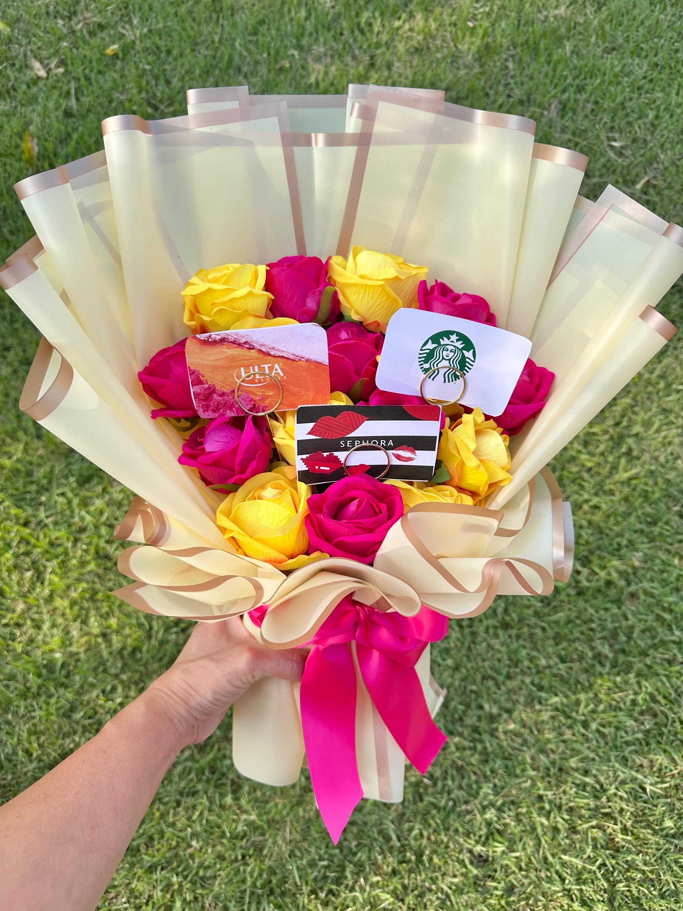 Faux Flower Bouquet Gift Card Holder – 3 Gift Card Sticks, Custom Color ...