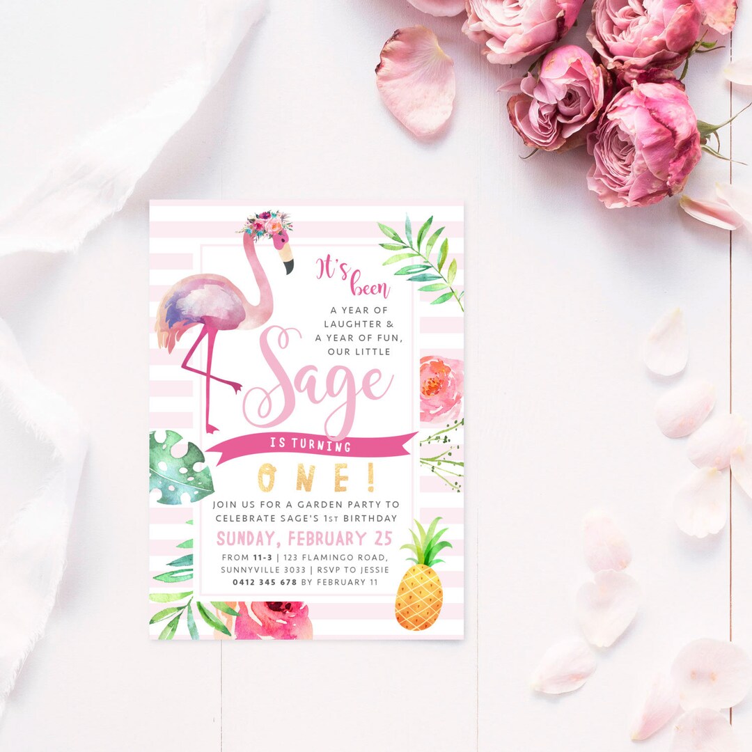 Flamingo Themed Invitation PRINTABLE, Watercolor Pineapple Tropical ...