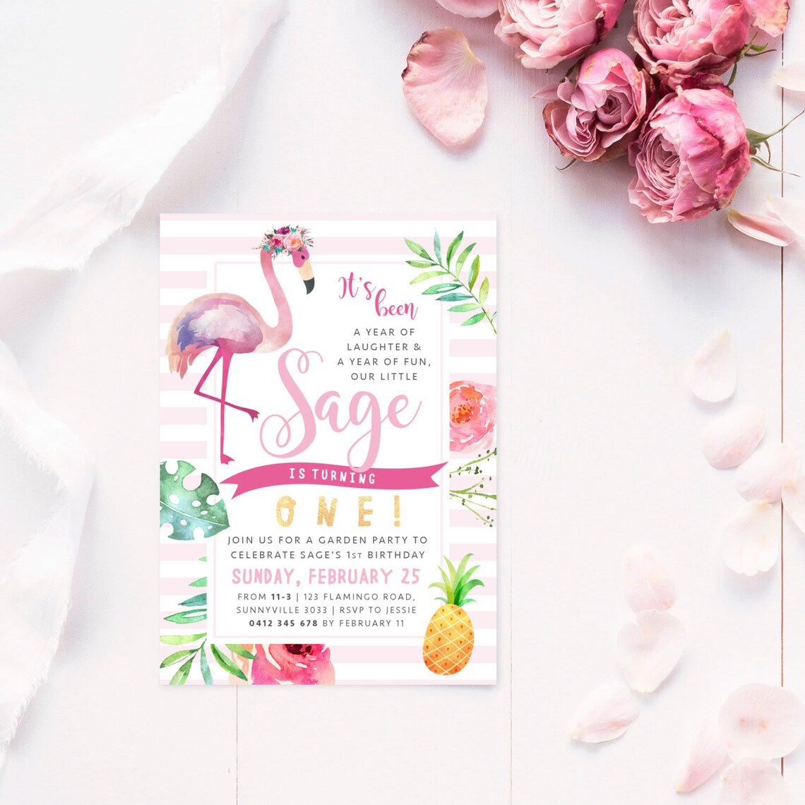 Flamingo Themed Invitation PRINTABLE, Watercolor Pineapple Tropical ...