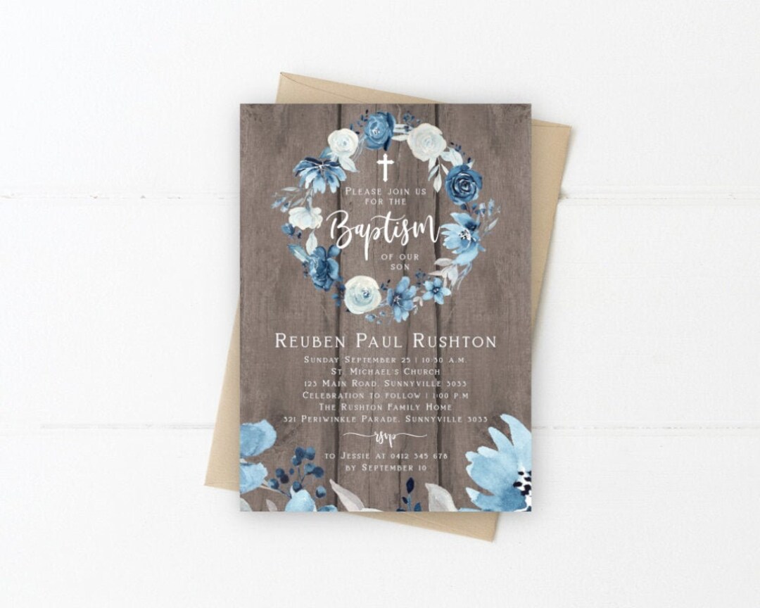 Blue Floral Baptism Invite, PRINTABLE, Boy's Wooden Rustic Themed ...
