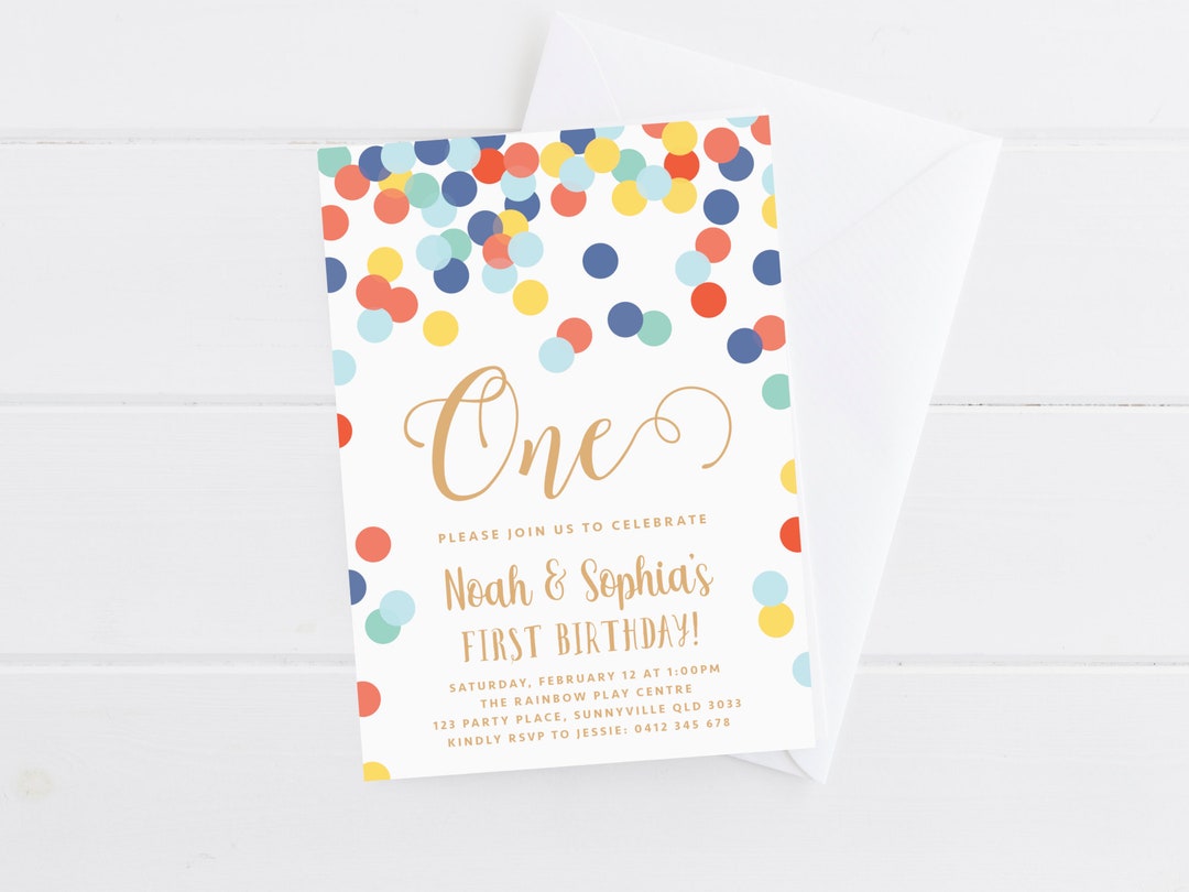 Confetti Invite, PRINTABLE, Girl Boy Twins Unisex 1st First Birthday ...