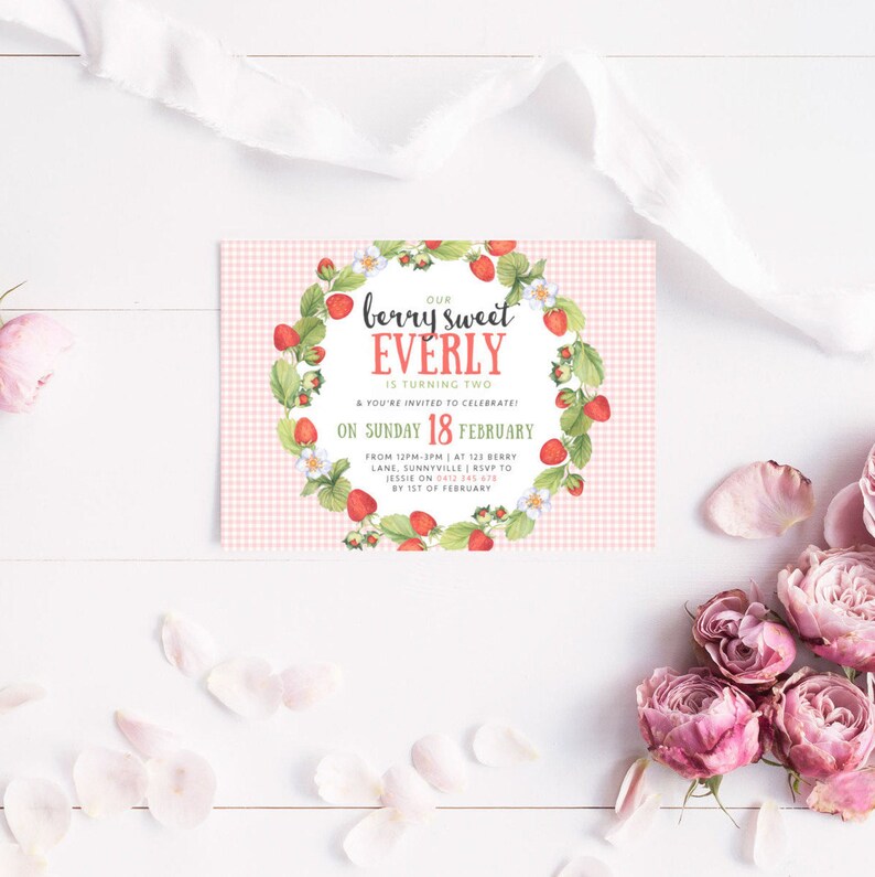 Strawberry Themed Invitation, PRINTABLE, Berry Sweet First 1st Birthday ...