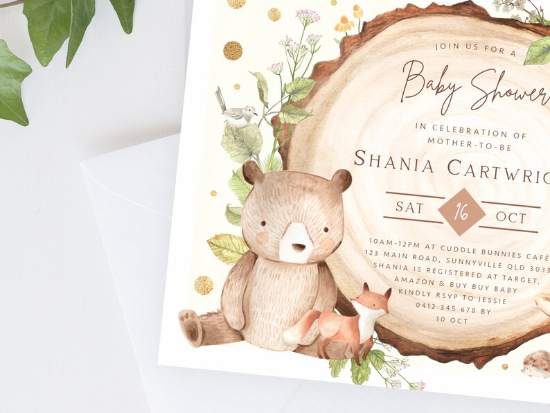 Woodland Greenery Baby Shower Invite, DRUCKBARE Waldtiere Party ...