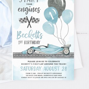 Race Car Themed Invitation, PRINTABLE Blue First Lap Around the Track ...
