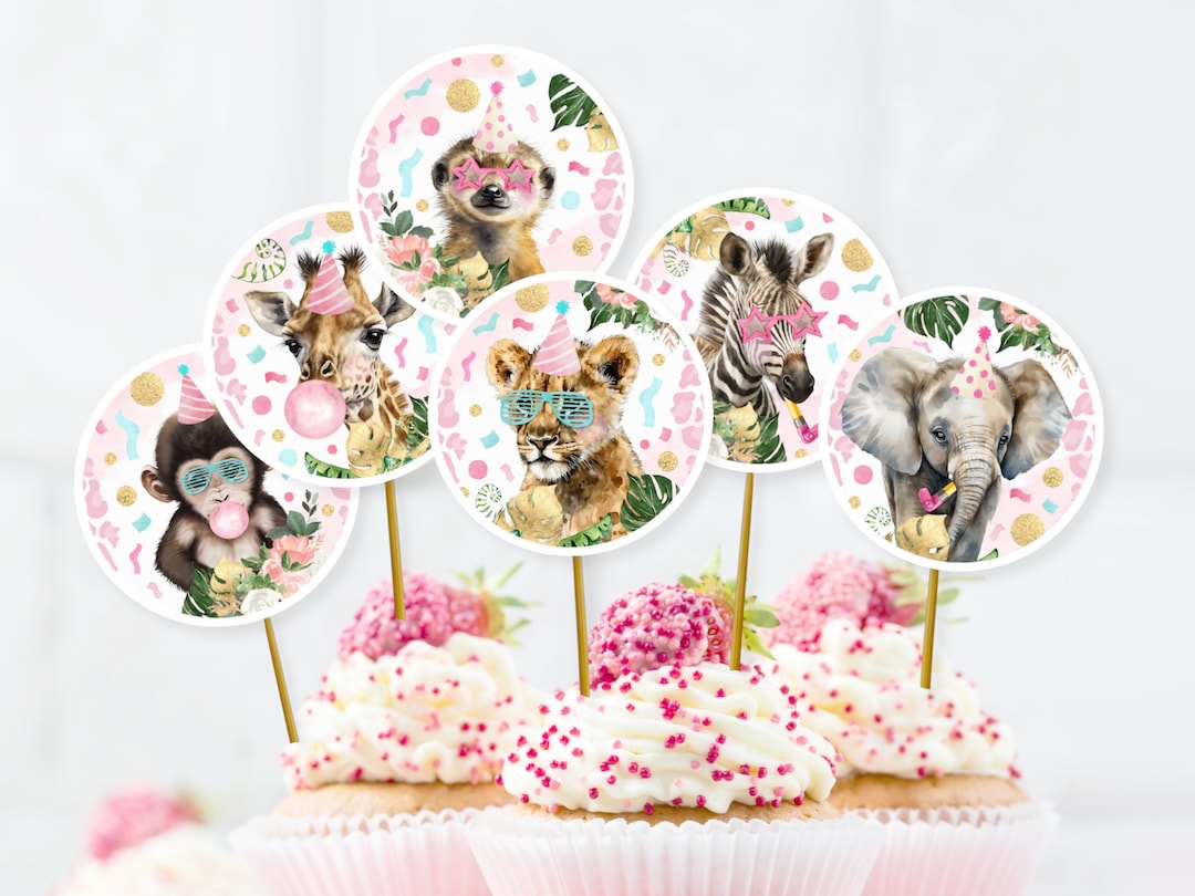 Party Animals Cupcake Toppers, PRINTABLE, Cute Pink Girl's Wild Safari ...