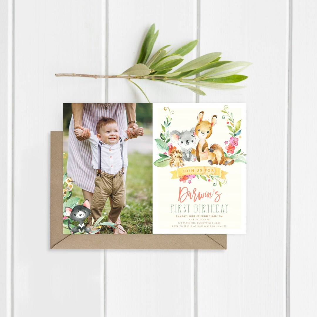 Native Australian Animals Birthday Photo Invite, PRINTABLE, 1st First ...