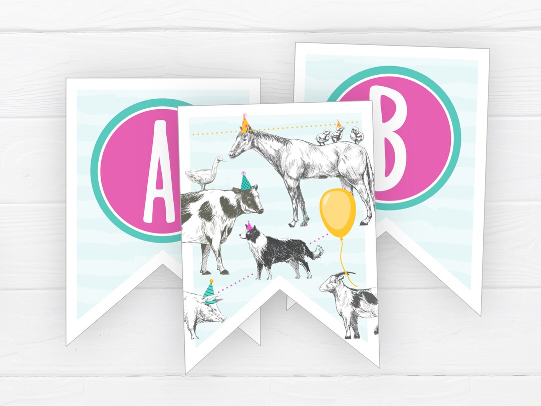 Pink Farm Themed Bunting, INSTANT DOWNLOAD, Printable Pennant Banner ...