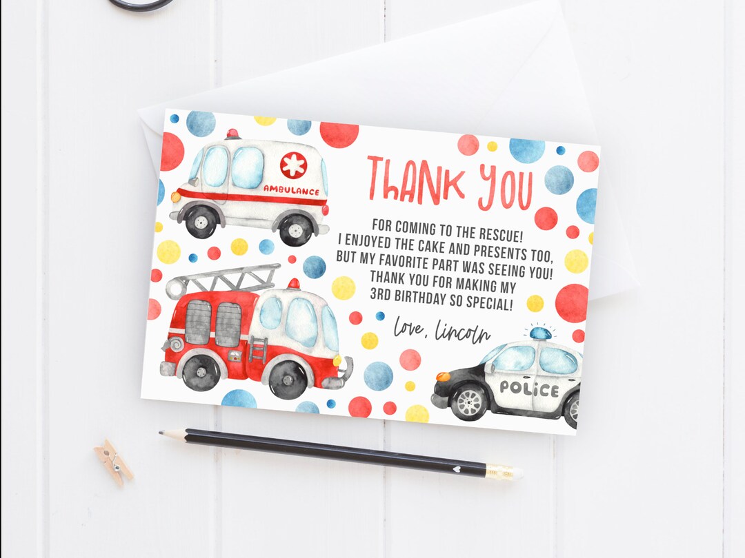 Emergency Vehicles 4x6" Thank You Card, PRINTABLE, Boy's Birthday ...