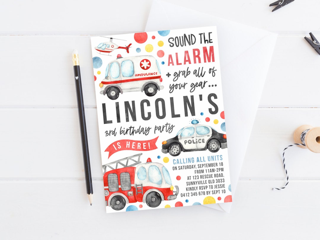 Emergency Birthday Invite, PRINTABLE First Responders Theme, Ambulance ...