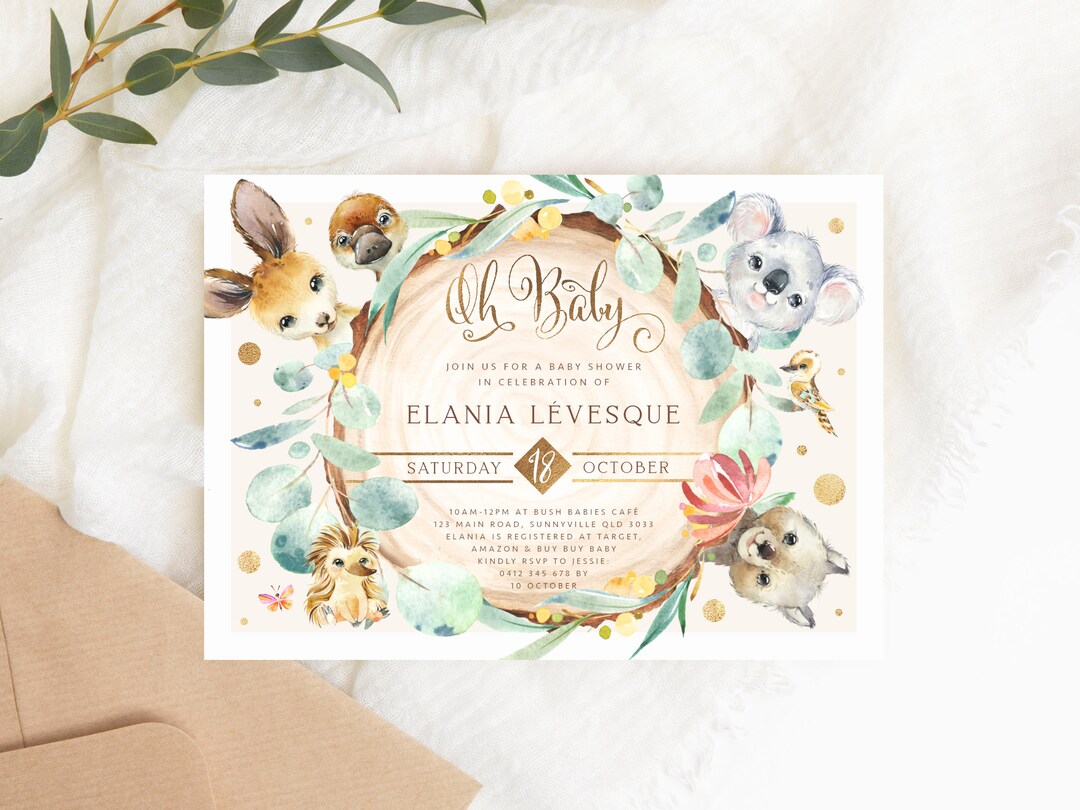 Baby Shower Invite, PRINTABLE, Native Australian Theme, Elegant Koala ...