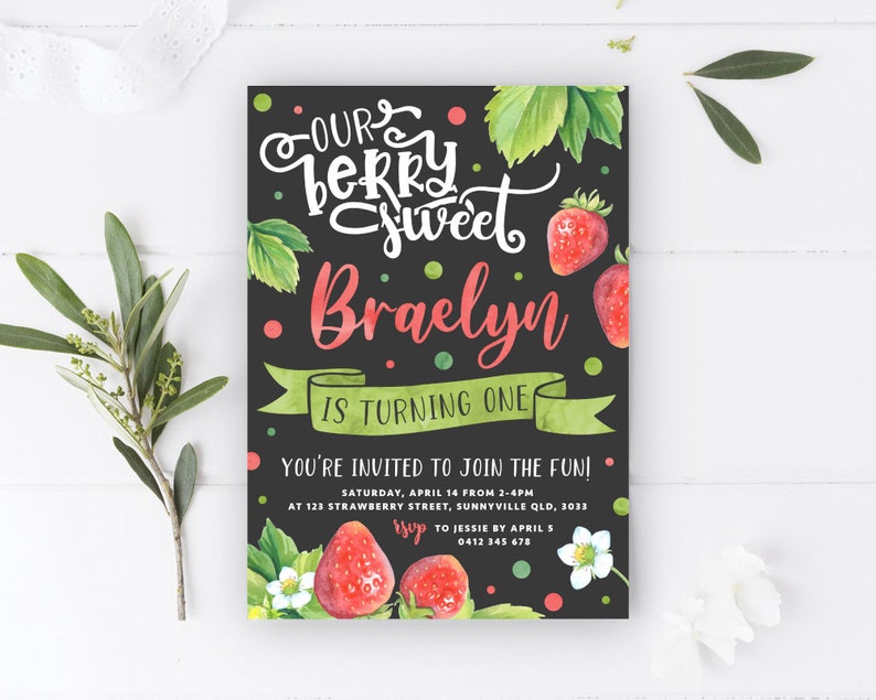 Berry Sweet Themed Invitation, PRINTABLE, Strawberry First 1st Birthday ...
