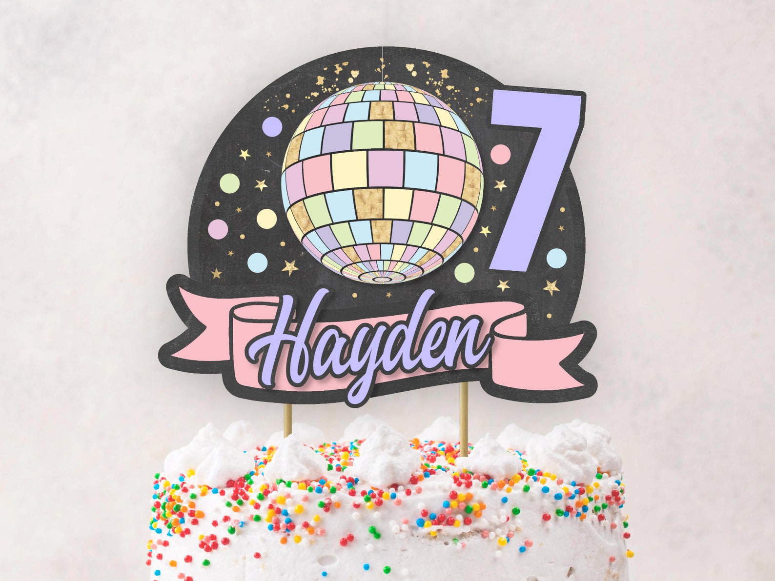 Disco Cake Topper, DIGITAL FILE, Personalised Girl's Birthday, Pastel ...