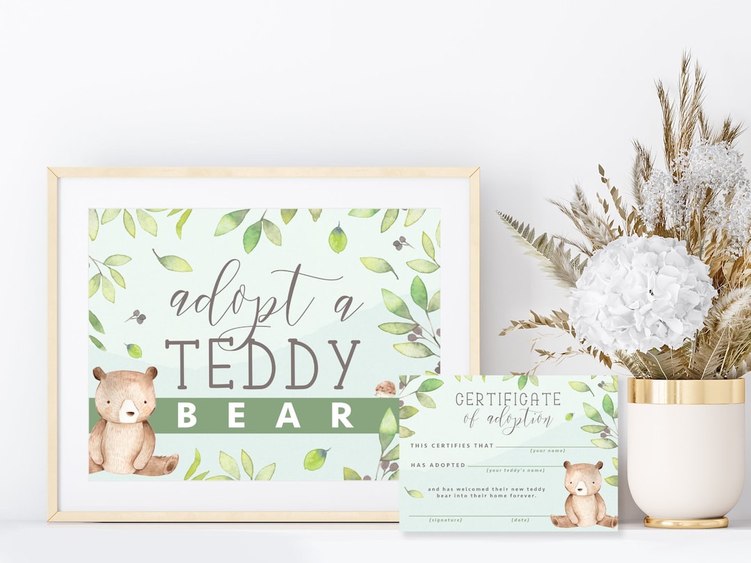 Teddy Bear Adoption Certificate, PRINTABLE, Leafy Green Boy's 1st ...