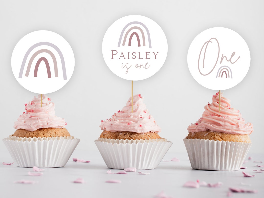 Pastel Rainbow Cupcake Toppers, PRINTABLE, Minimalist Purple Rainbow ...