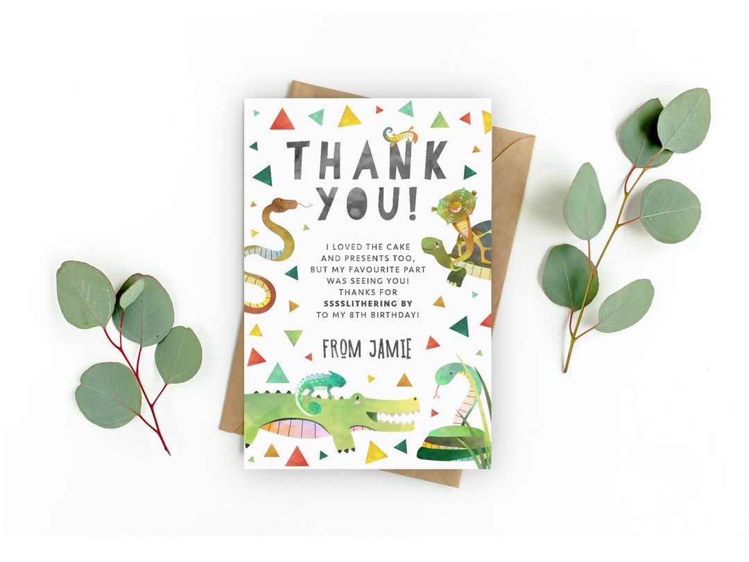 Reptile Party 4x6" Thank You Card PRINTABLE, Snake Lizard Crocodile ...